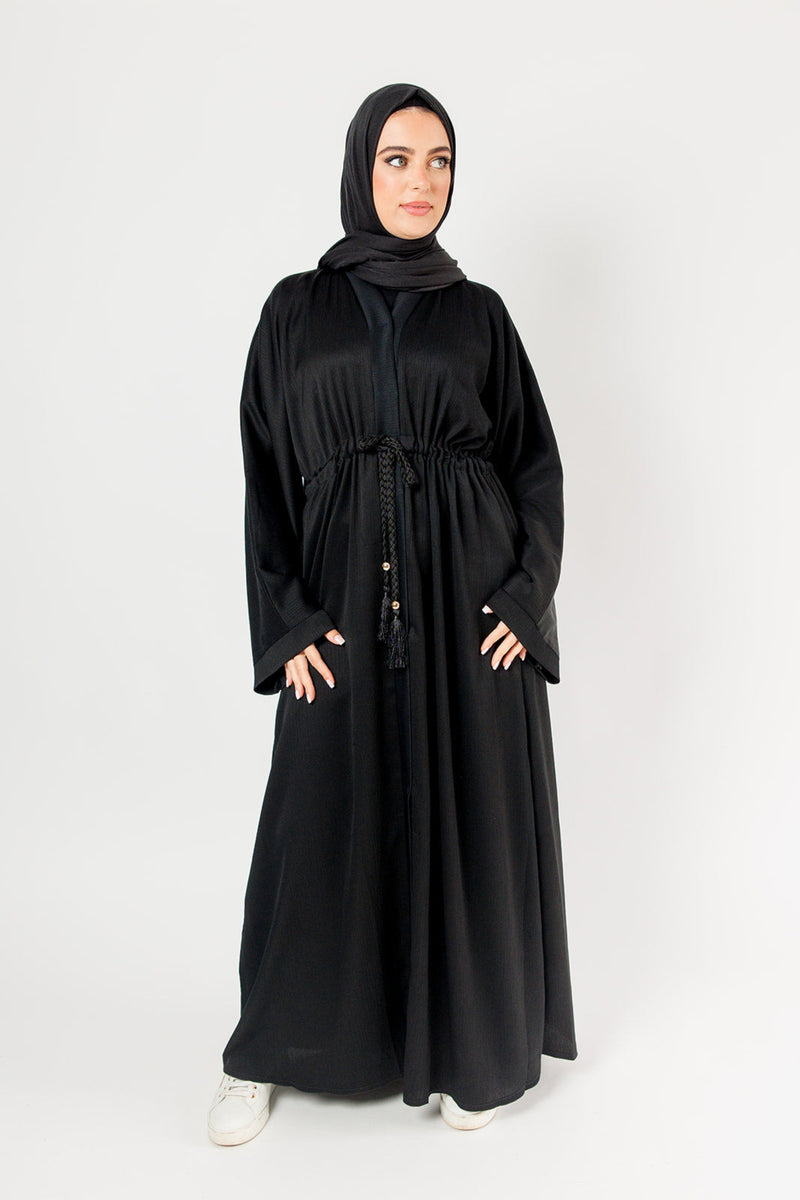 Black Textured Drawstring Open Abaya – Adjustable & Elegant – Arabesque